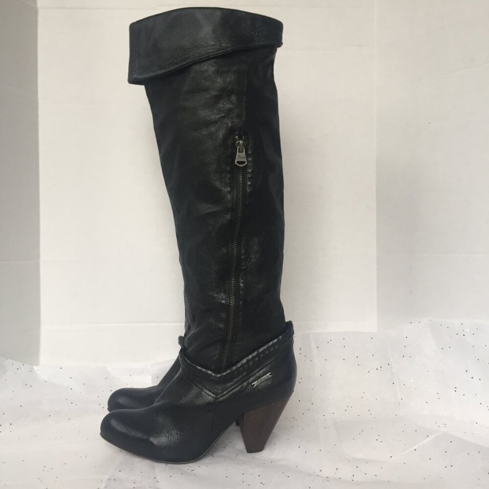 Diesel 90s Y2k Black Leather Roll Over Cuffed Knee Hi… - Gem